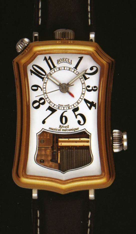 Boegli Swiss Musical Watch "Baroque" with Gold Bezel